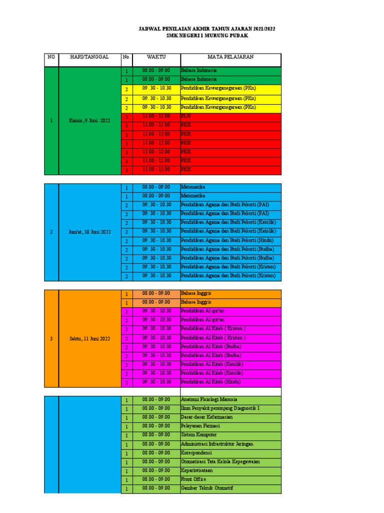 JADWAL PAT SMKN 1 Murung Pudak Tahun Pelajaran 2021-2022 | PDF