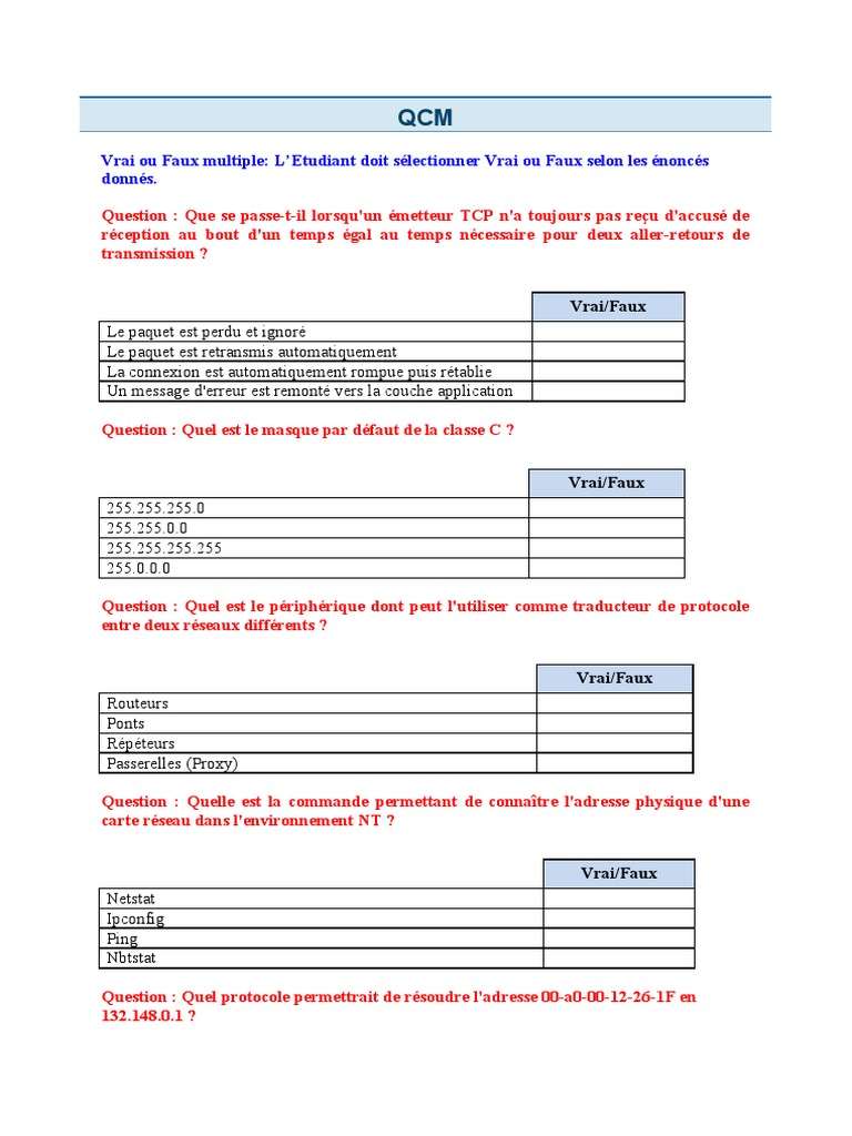 QCM Corrigé Réseaux Informatiques Examen Réseau Avec Correction ...