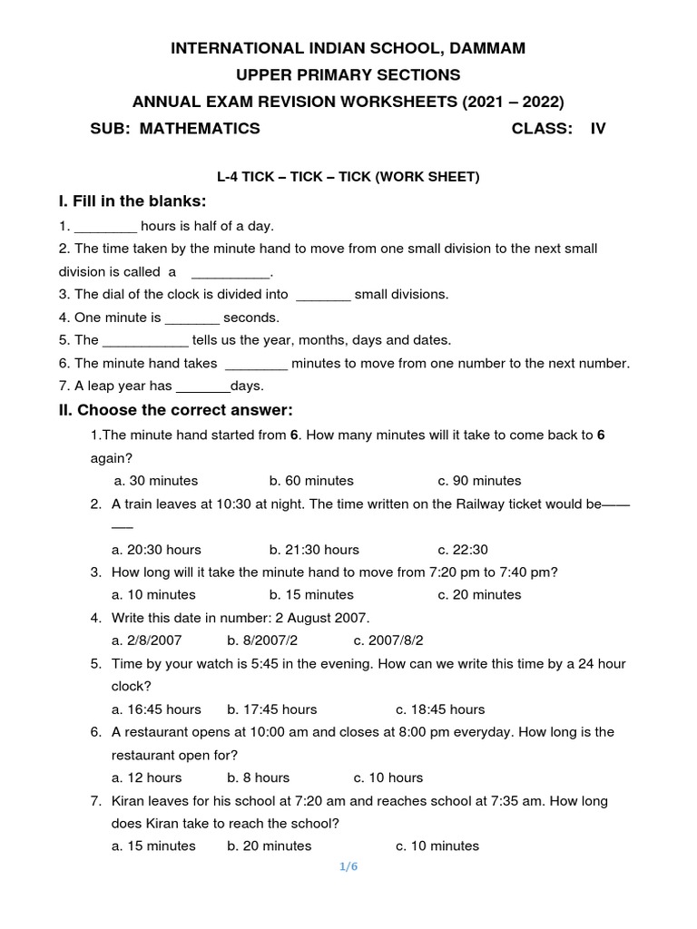 International Indian School, Dammam Upper Primary Sections Annual Exam ...