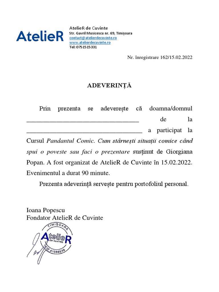 Adeverinta Curs PandantulComic | PDF