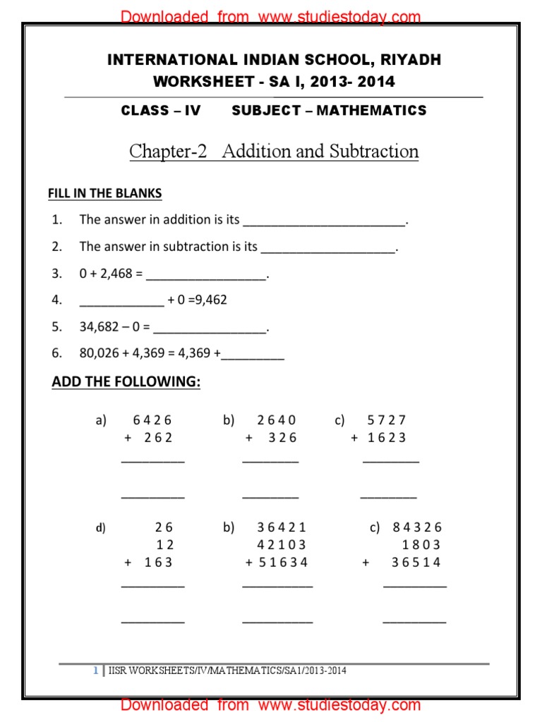 CBSE Class 4 Maths Revision Worksheet (159) - Addition and Subtraction ...