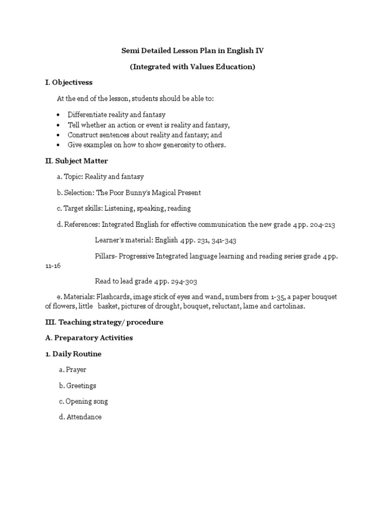 Semi Detailed Lesson Plan in English IV (Integrated With Values ...