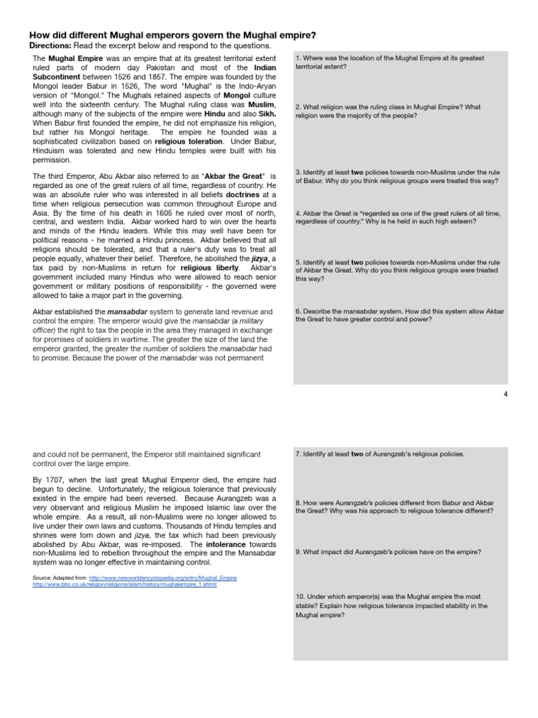 10 - 1 Mughal Empire Reading Worksheet | PDF