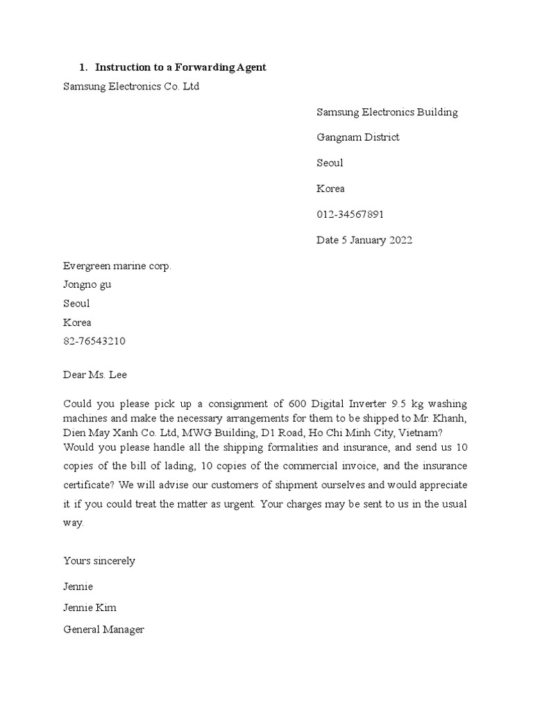 Instruction To A Forwarding Agent | PDF | Cargo | Bill Of Lading