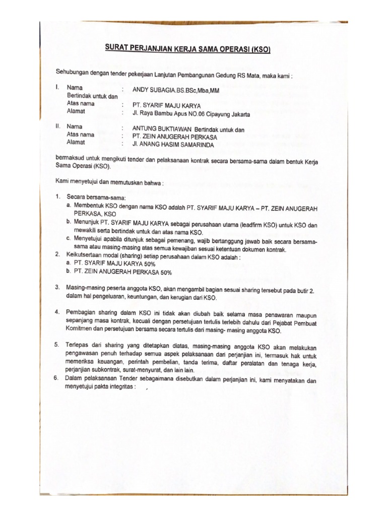 Surat Perjanjian Kerja Sama Operasi (Kso) | PDF
