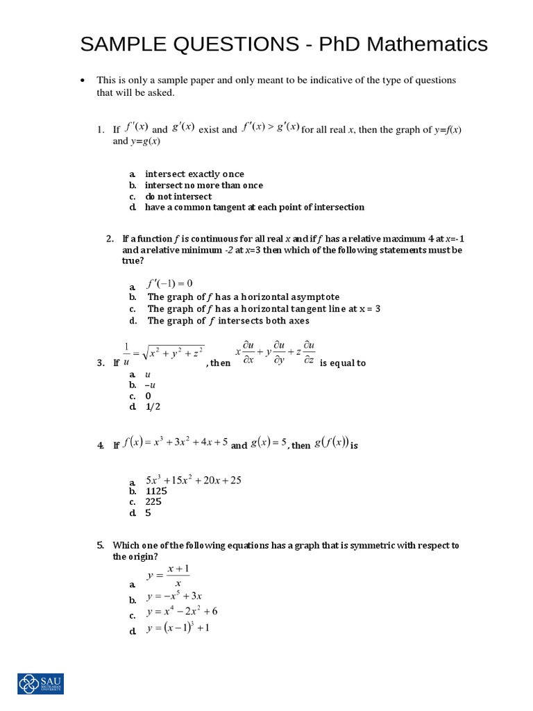 Sample Questions - PHD Mathematics | PDF | Equations | Function ...