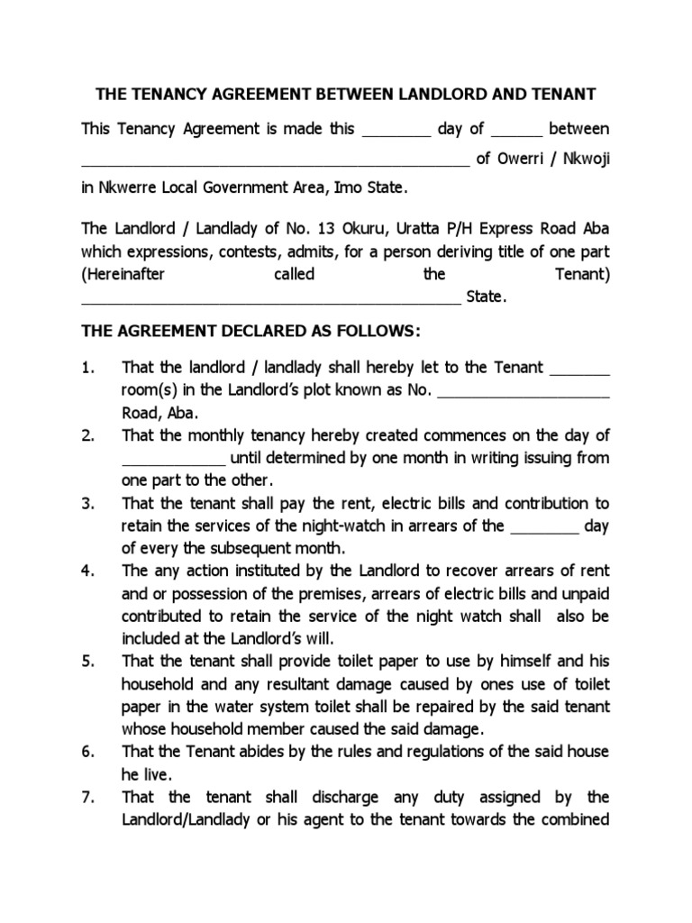 The Tenancy Agreement Between Landlords and Tenant | PDF | Landlord ...