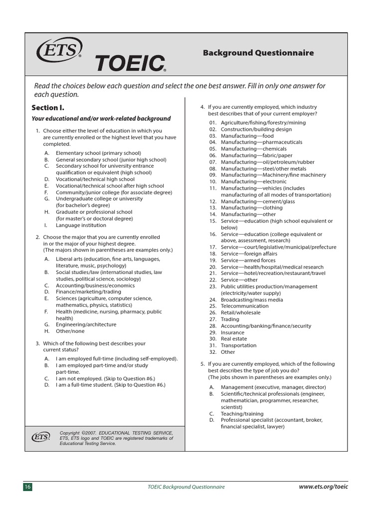 TOEIC Background Questionaire | PDF