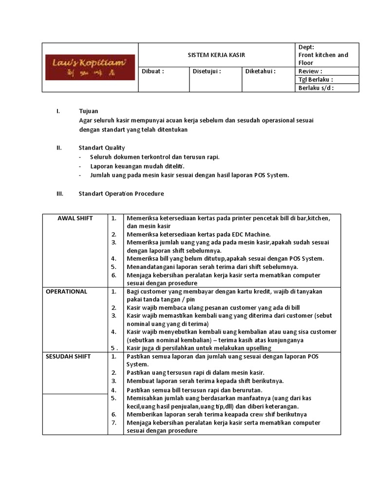 Sop Cashier | PDF