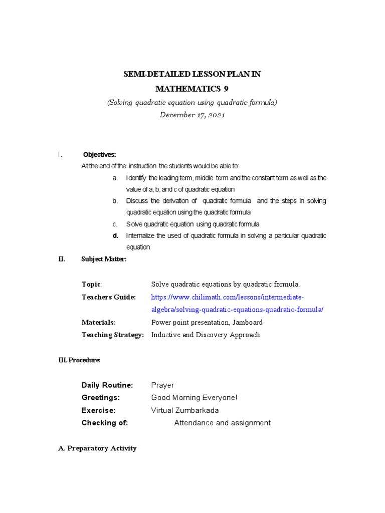 Semi-Detailed Lesson Plan | PDF | Quadratic Equation | Equations