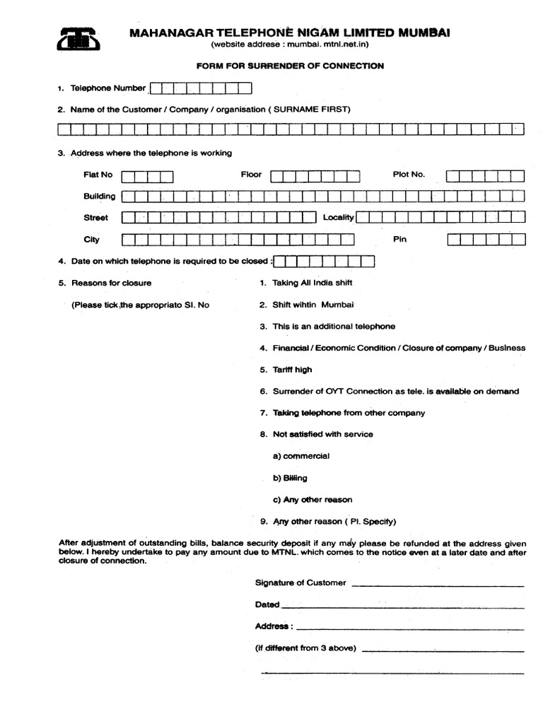 MTNL Surrender Form | PDF