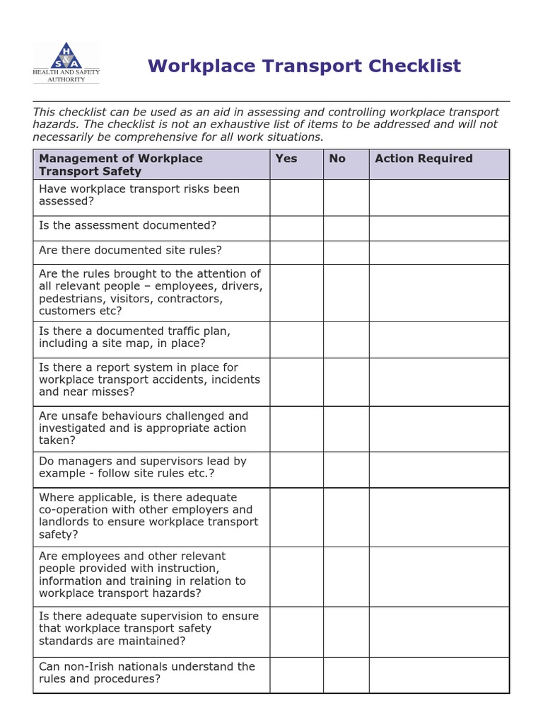 Workplace Transport Checklist: Management of Workplace Transport Safety ...