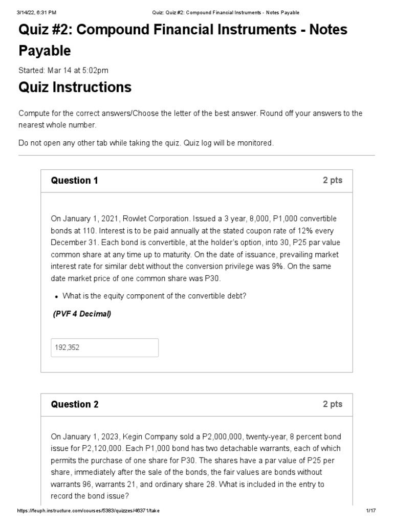 Quiz 2 Compound Financial Instruments Notes Payable | PDF | Bonds ...