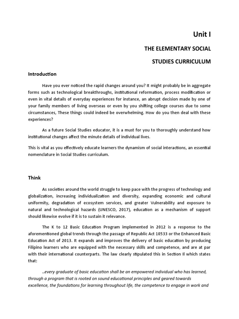 Unit I: The Elementary Social Studies Curriculum | PDF | Social ...