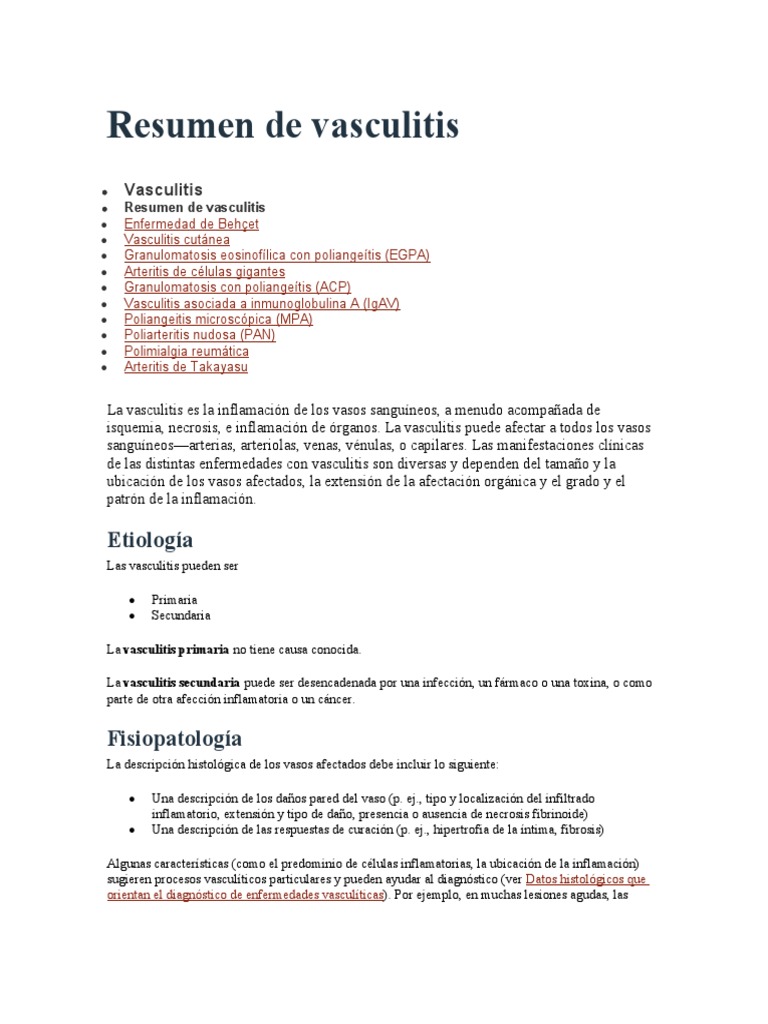 Resumen de Vasculitis | PDF | Inflamación | Corticosteroides