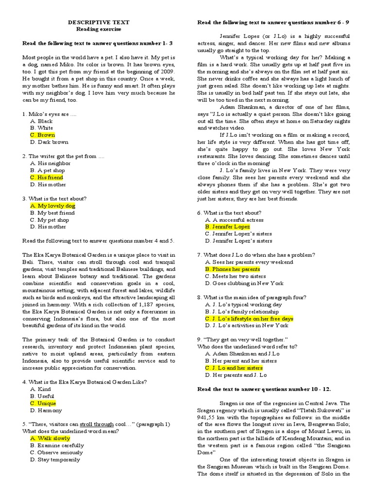 Descriptive Text Reading Exercise Read The Following Text To Answer ...