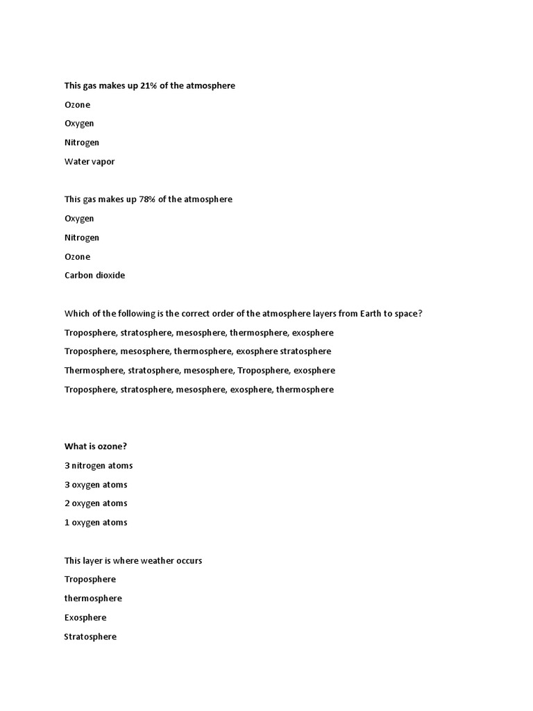 Atmosphere Quiz Questions | PDF | Atmosphere Of Earth | Atmosphere
