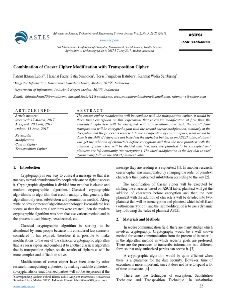 Combination of Caesar Cipher Modification With Tra | PDF | Cipher | Key ...