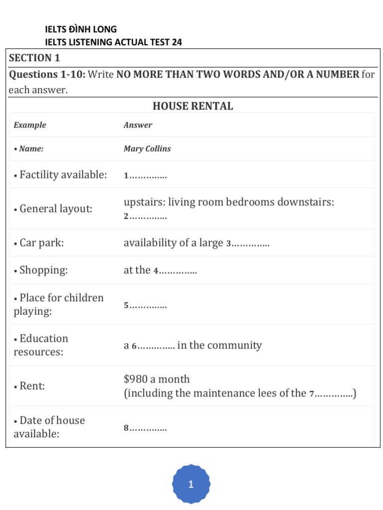 House Rental: Write No More Than Two Words And/Or A Number For Each ...