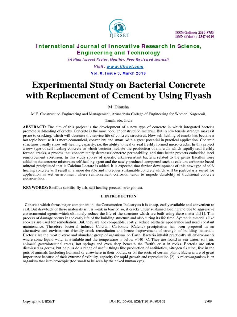 Experimental Study On Bacterial Concrete With Replacement of Cement by Using Flyash M. Dinusha ...