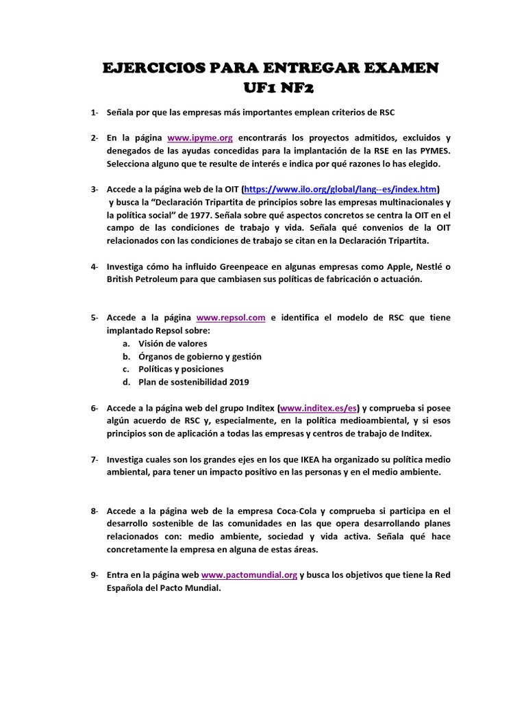 Ejercicios para Entregar Examen UF1 NF2 | PDF | Business | Responsabilidad social corporativa
