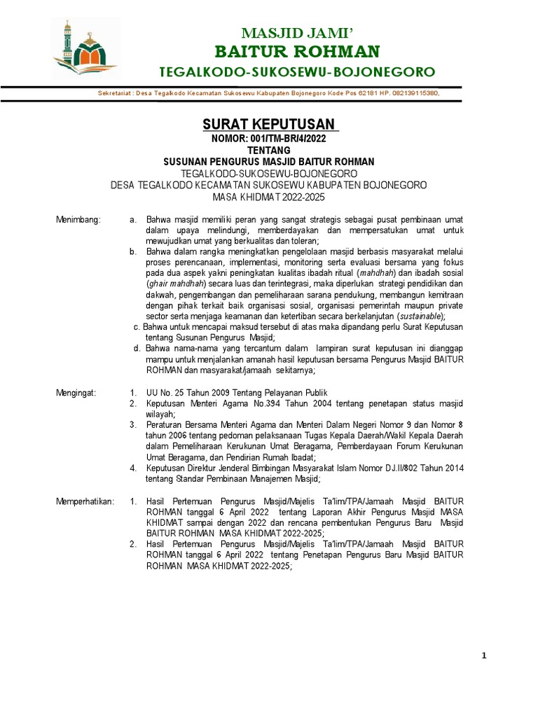 SK Pengurus Takmir Masjid 2022-2025 | PDF