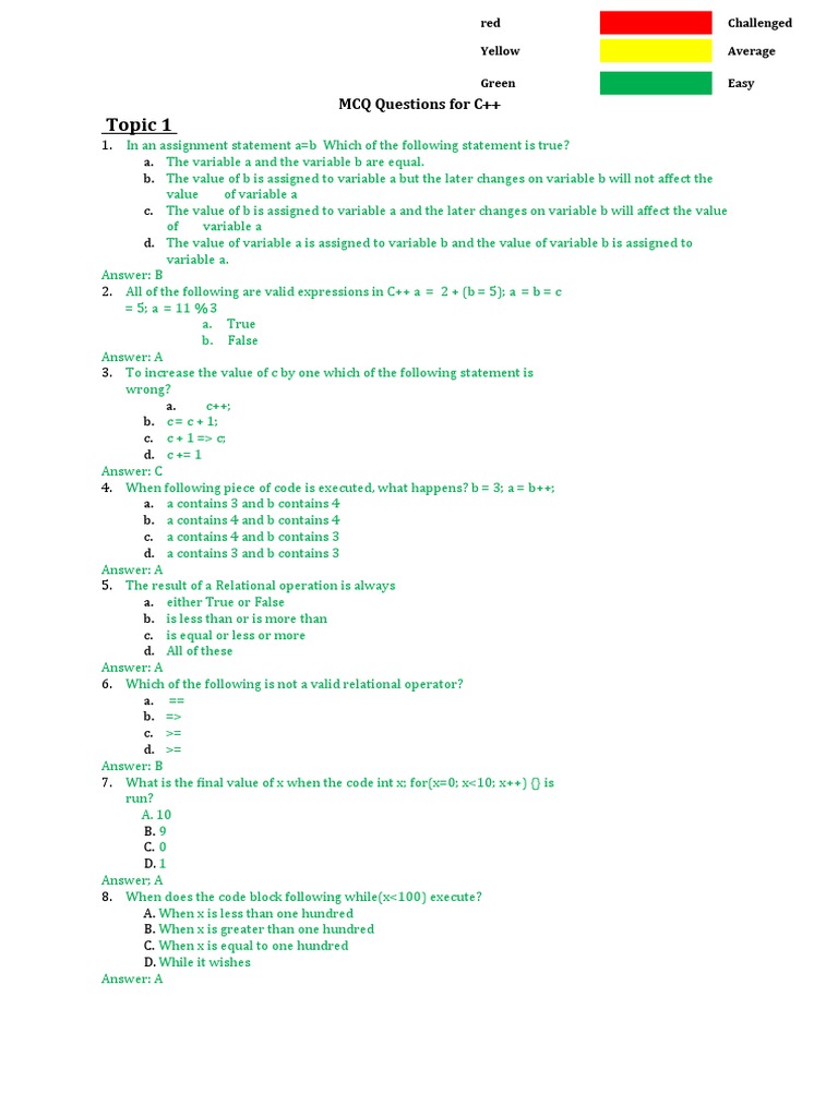 621 C++ MCQs CA Test 1 | PDF | Parameter (Computer Programming) | Class ...