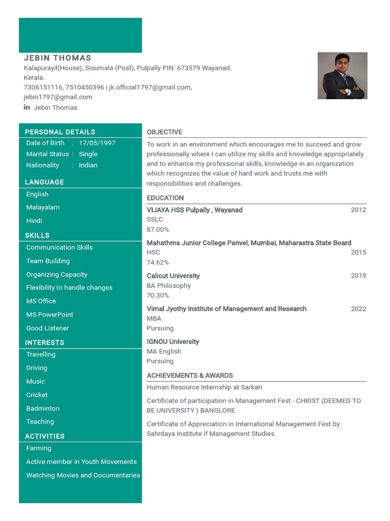 Jebin Resume 1 | PDF | Cognition