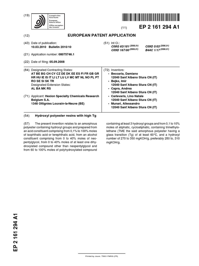 European Patent Application: Hydroxyl Polyester Resins With High TG | PDF | Polyester | Ester