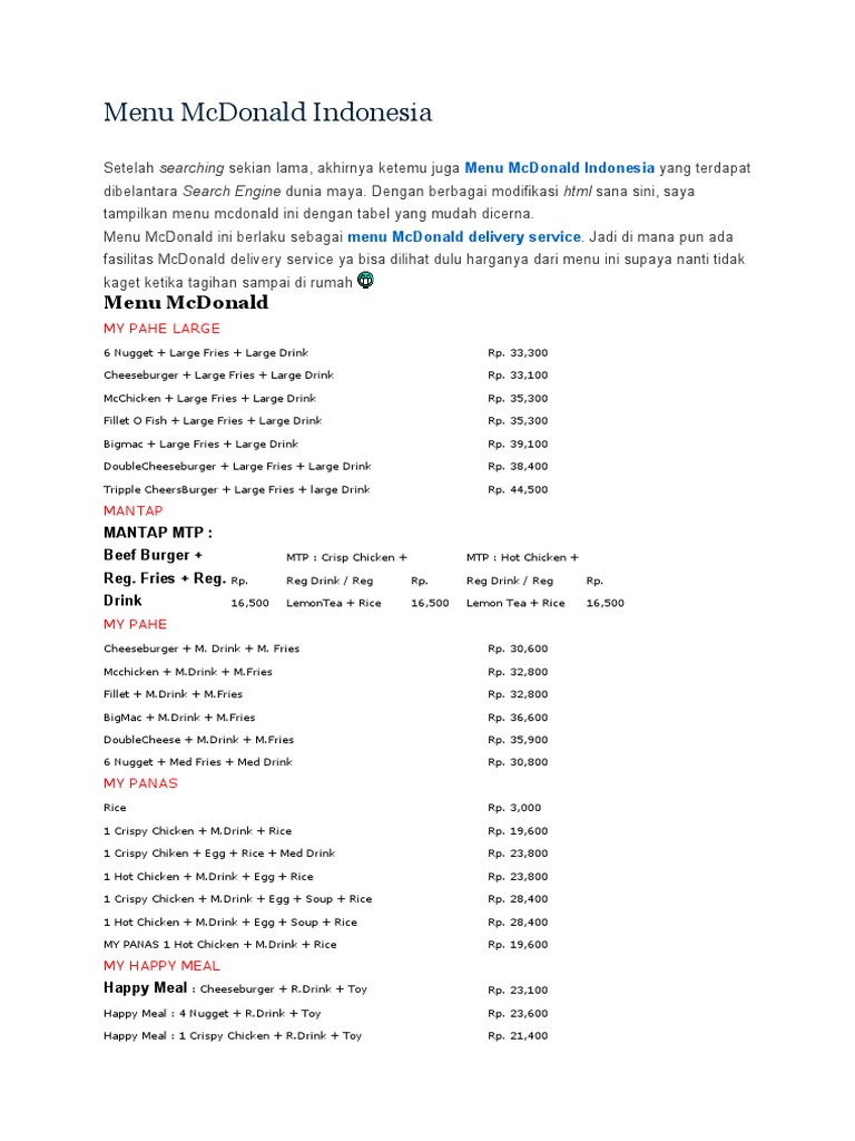 Menu McDonald Indonesia | PDF | Convenience Food | Foods