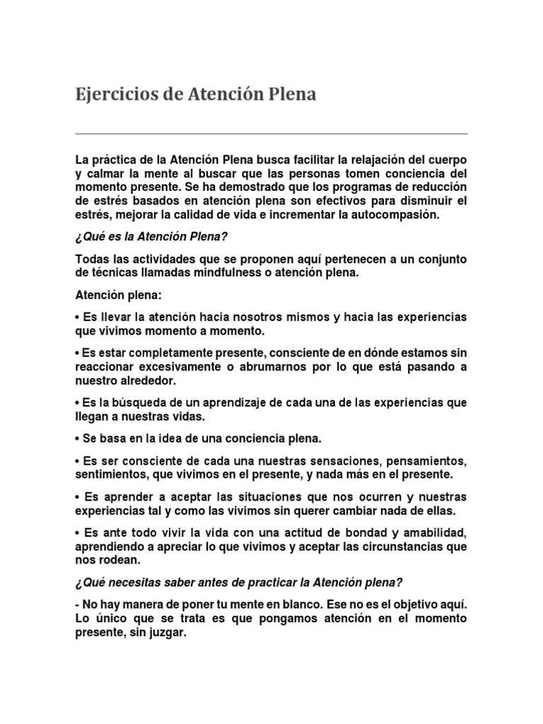 Ejercicios De Atención Plena Pdf Aprendizaje Mente