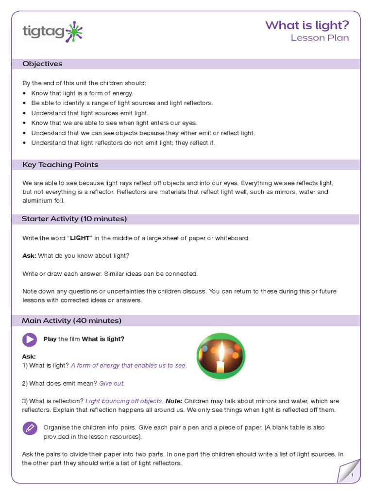 Understanding Light: Lesson Plan for Kids | PDF | Light | Mirror