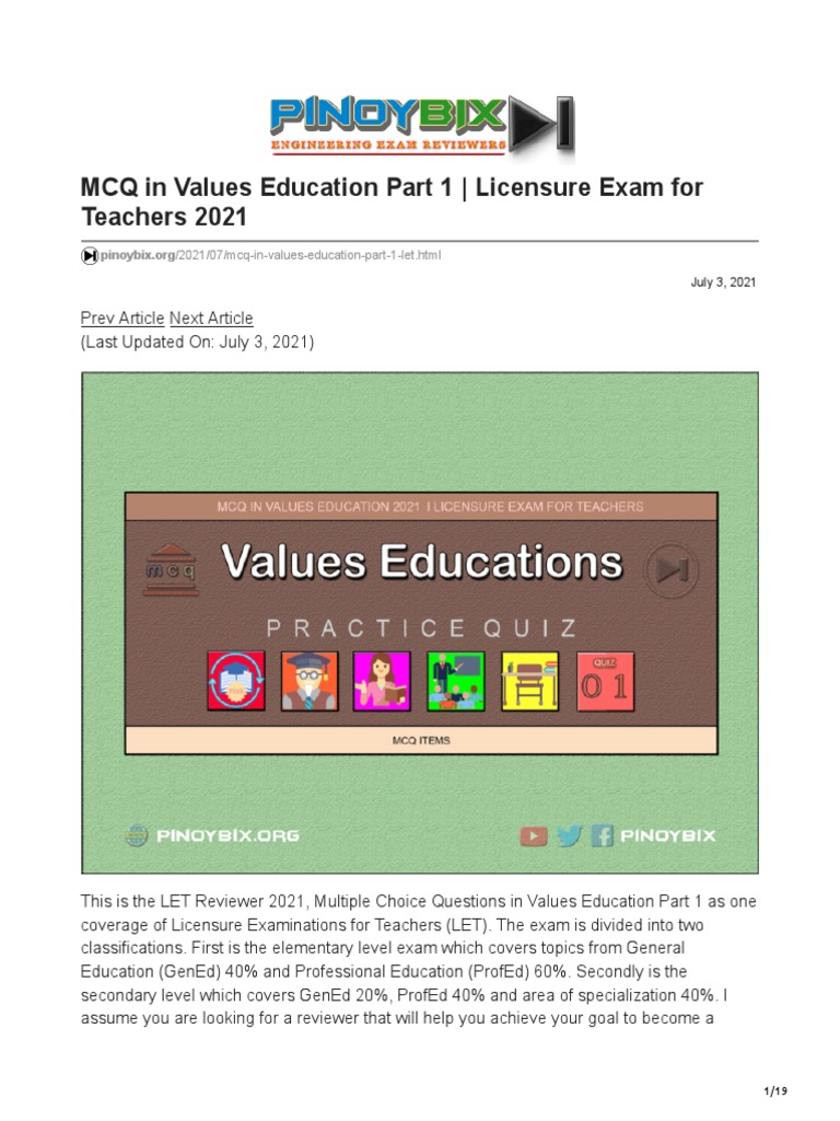 Values Education MCQs for LET 2021 | PDF | Learning | Test (Assessment)