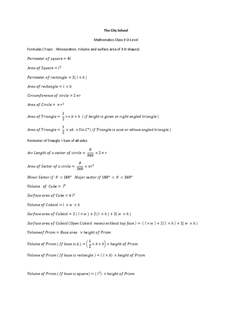 Formulas 9 Mathematics | PDF | Area | Metrology