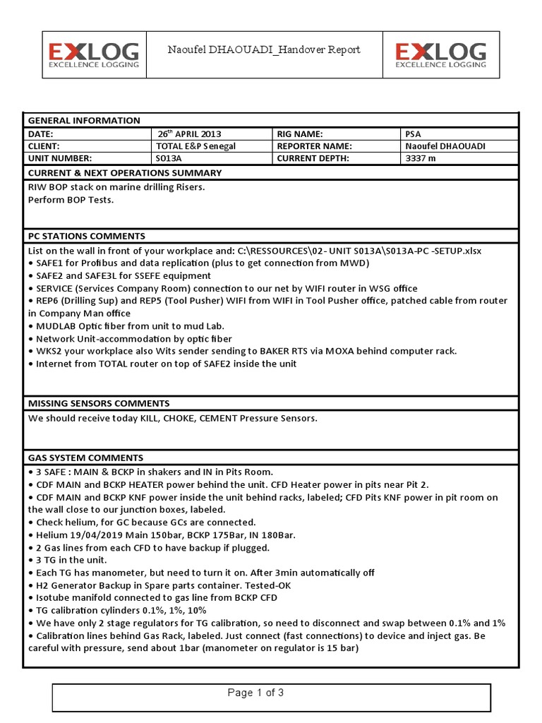 Mud Logging Unit Handover Report - From Naoufel DHAOUADI To Hussein ...