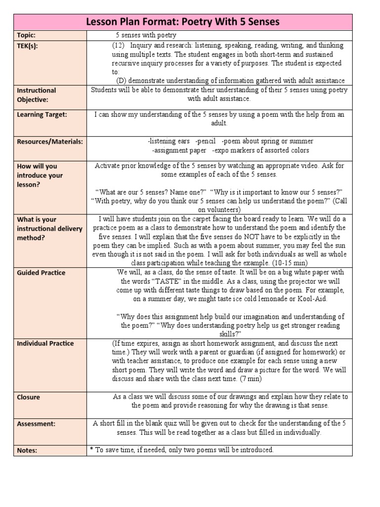 Lesson Plan Format: Poetry With 5 Senses: Topic: TEK(s) | PDF | Lesson ...