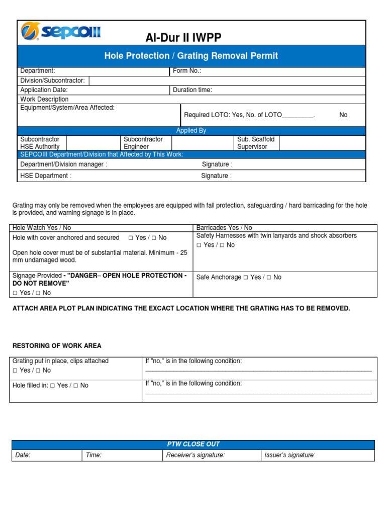 24 - Hole Protection-Grating Removal Permit (A4) | PDF