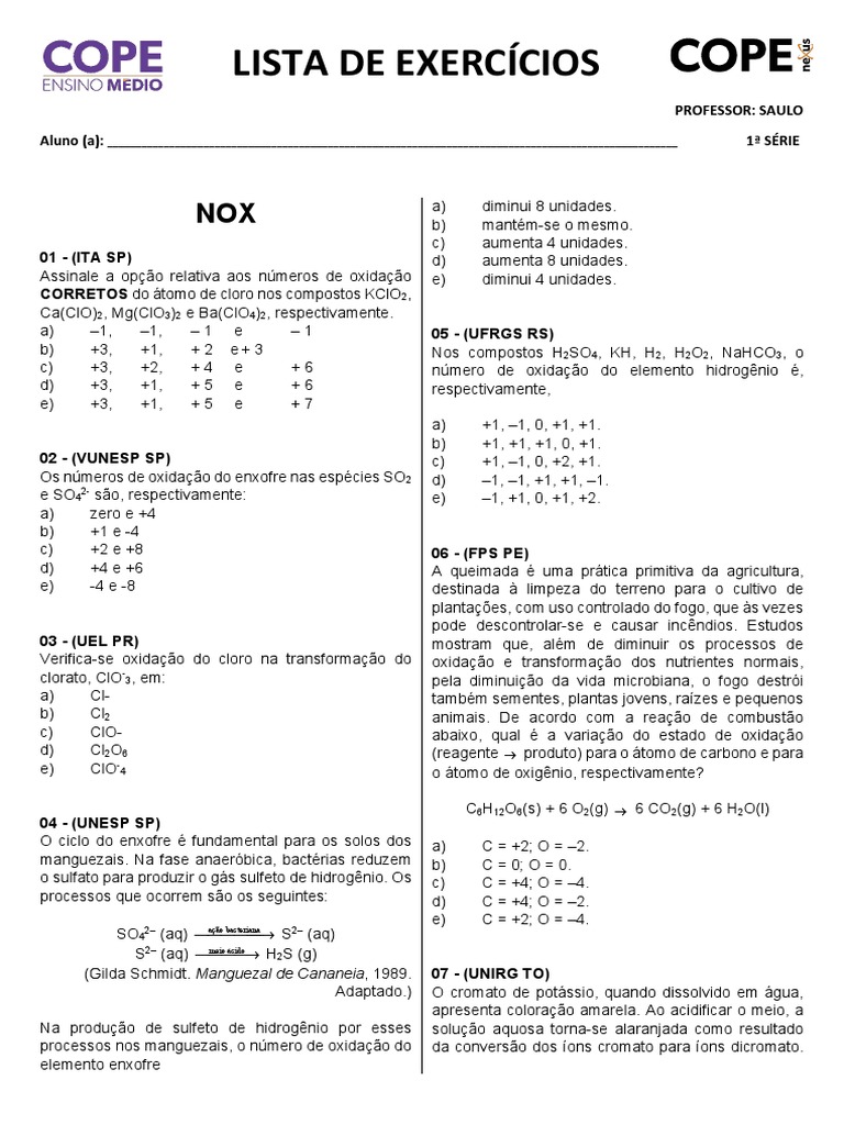 Lista de Exercicios Nox 021490 | PDF | Ultravioleta | Dióxido de Nitrogênio