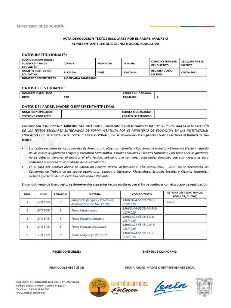 Acta Devolución Textos Escolares - (Reutilización) | PDF