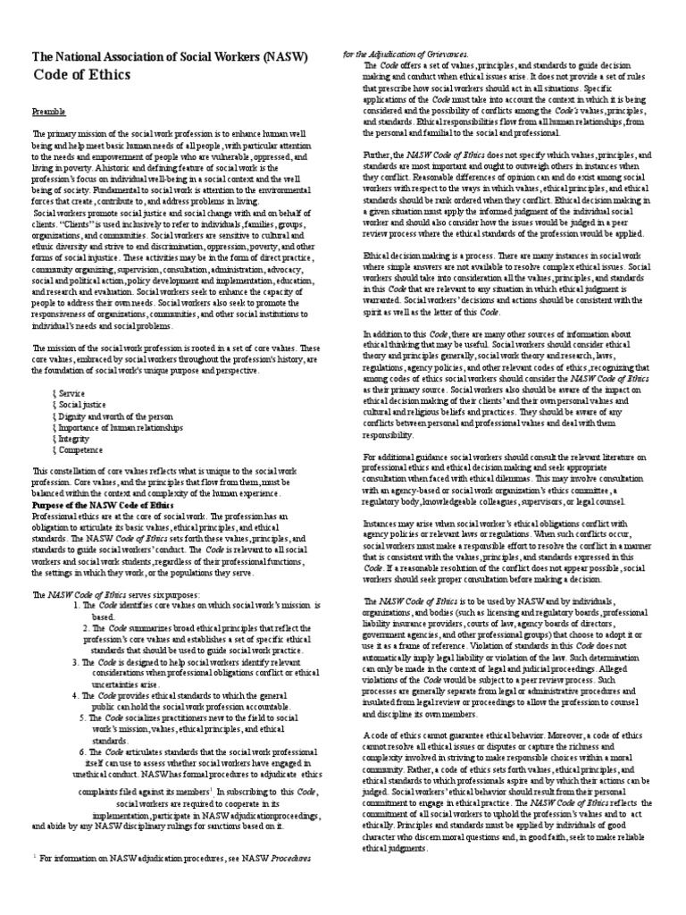 Nasw Code of Ethics | Download Free PDF | Confidentiality | Social Work