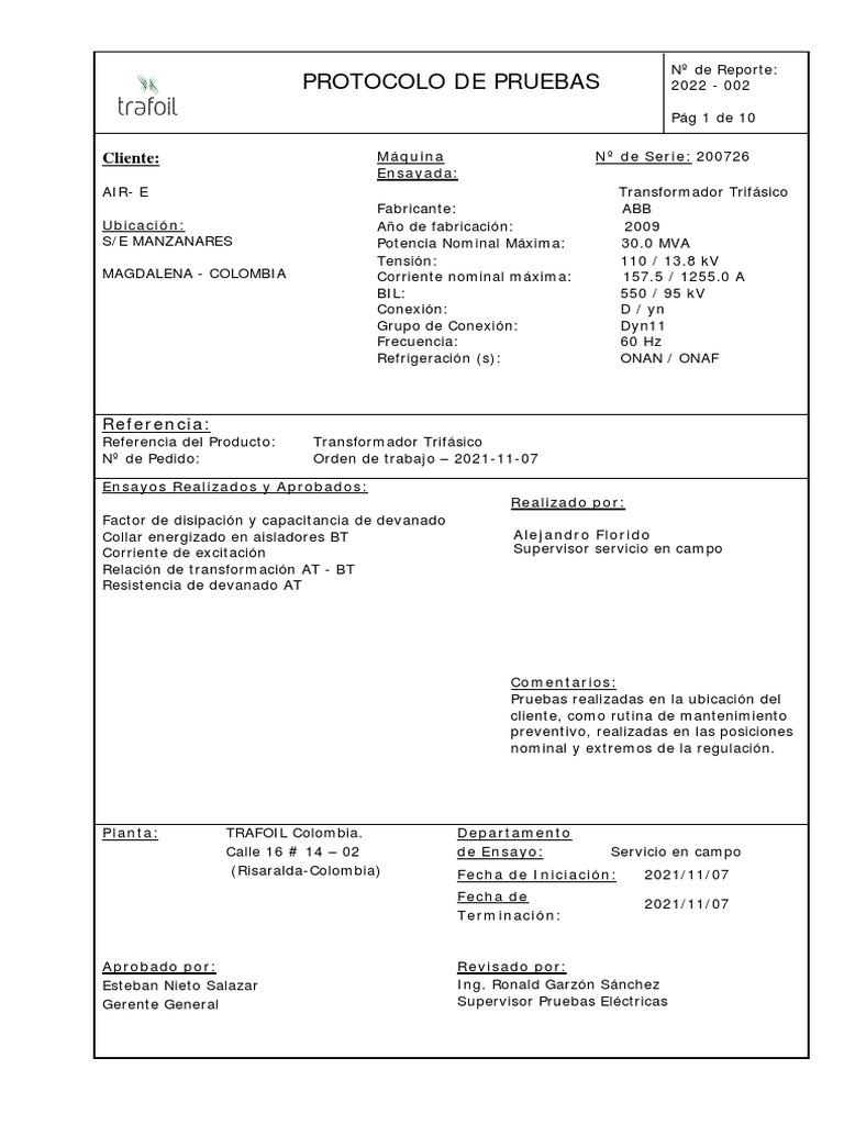 Protocolo de Pruebas Se Manzanares 200726 | PDF | Transformador | Aislador (Electricidad)