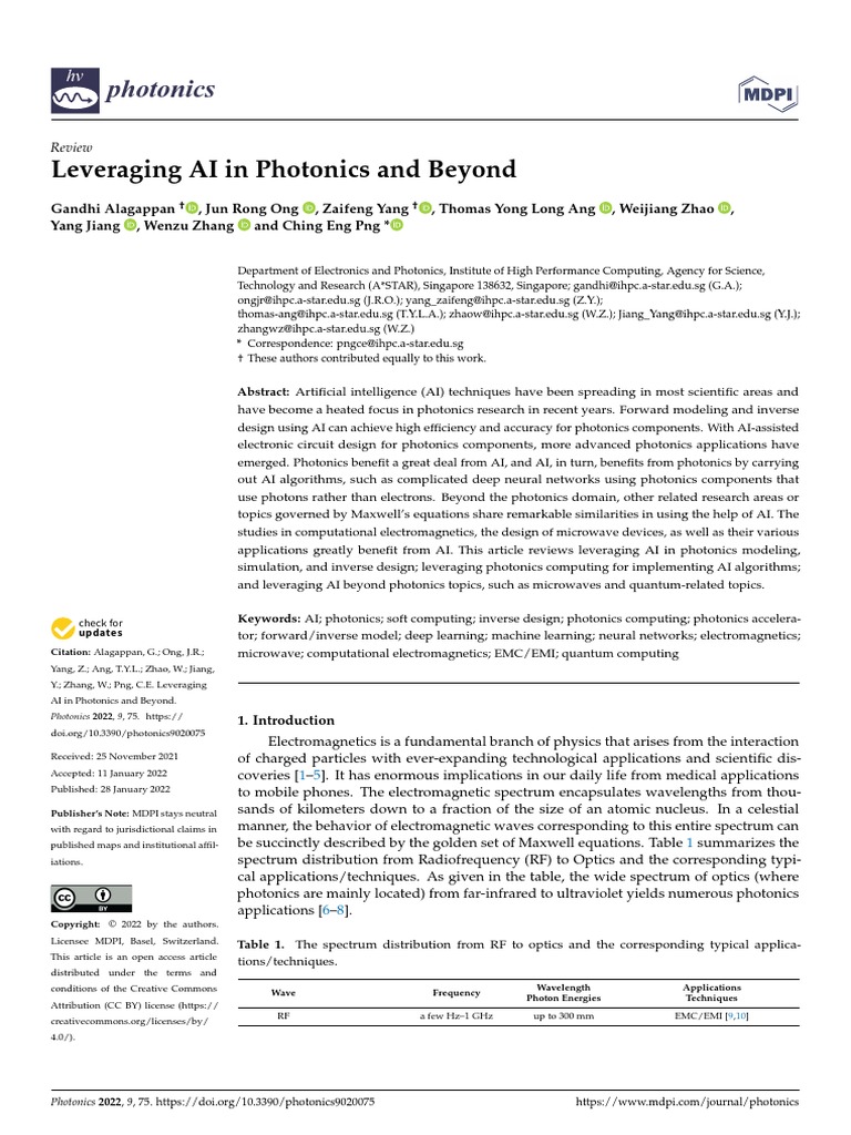 Photonics: Leveraging AI in Photonics and Beyond | PDF | Artificial ...