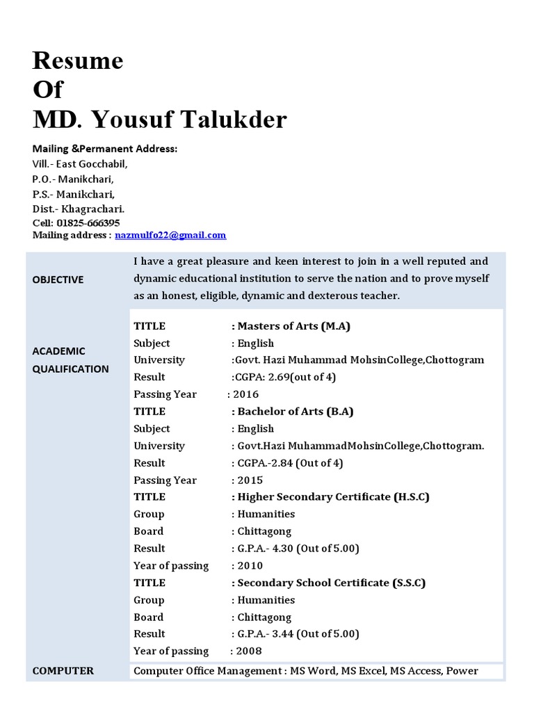 Resume of MD. Yousuf Talukder: Mailing &permanent Address | PDF ...