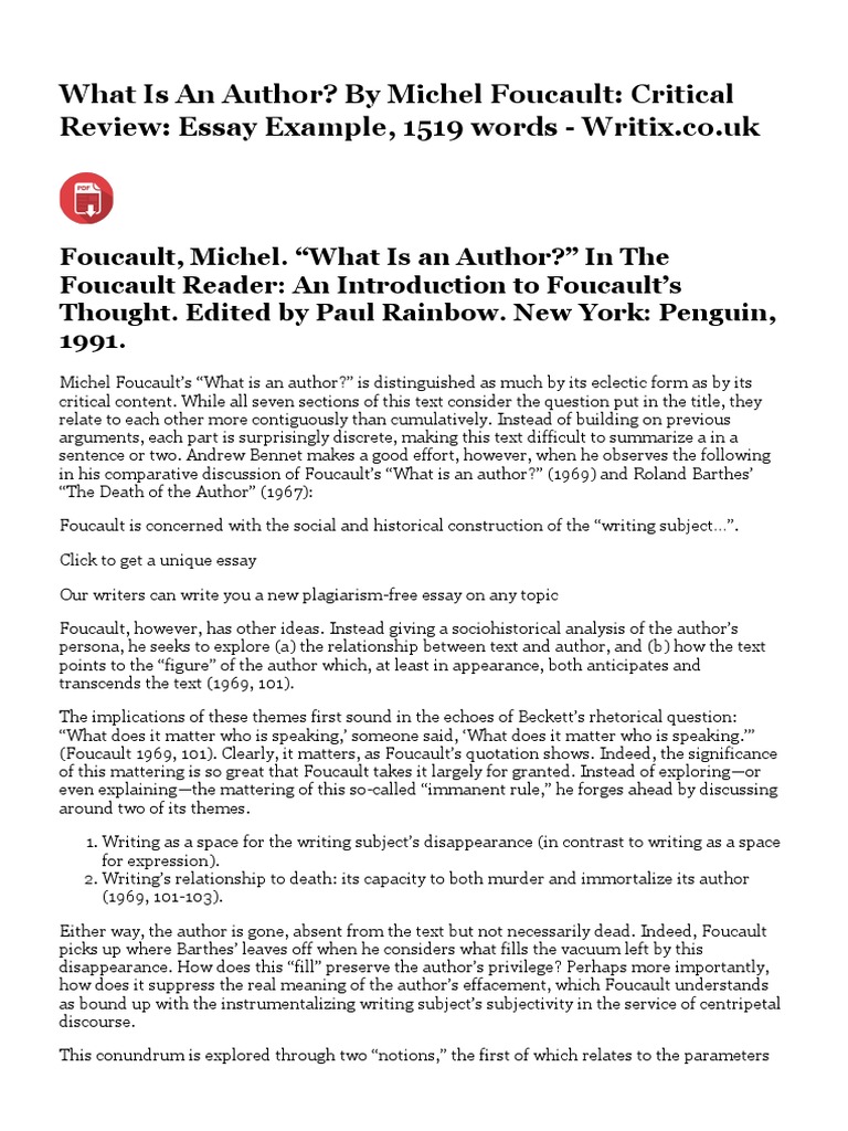 What Is An Author? by Michel Foucault: Critical Review: Essay Example ...