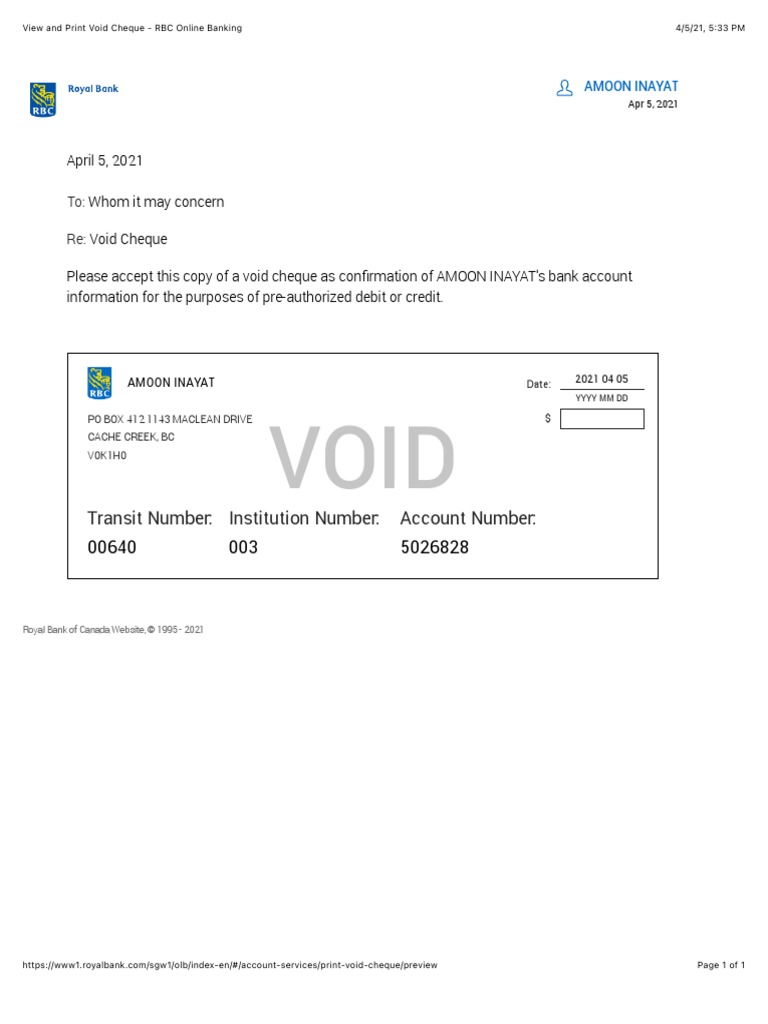 View and Print Void Cheque - RBC Online Banking | PDF