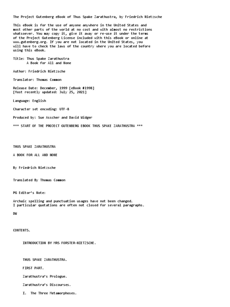 Zarathustra | PDF | Thus Spoke Zarathustra | Project Gutenberg