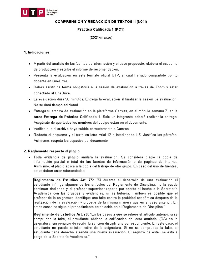 Comprensión Y Redacción de Textos Ii (N04I) Práctica Calificada 1 (PC1) (2021-Marzo) | PDF ...