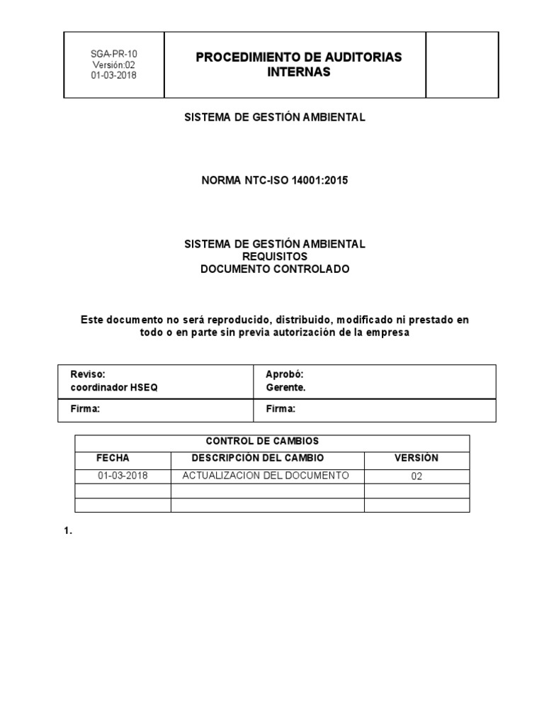 Sga-Pr-10 Procedimiento Auditoria Interna | PDF | Auditoría | Contralor