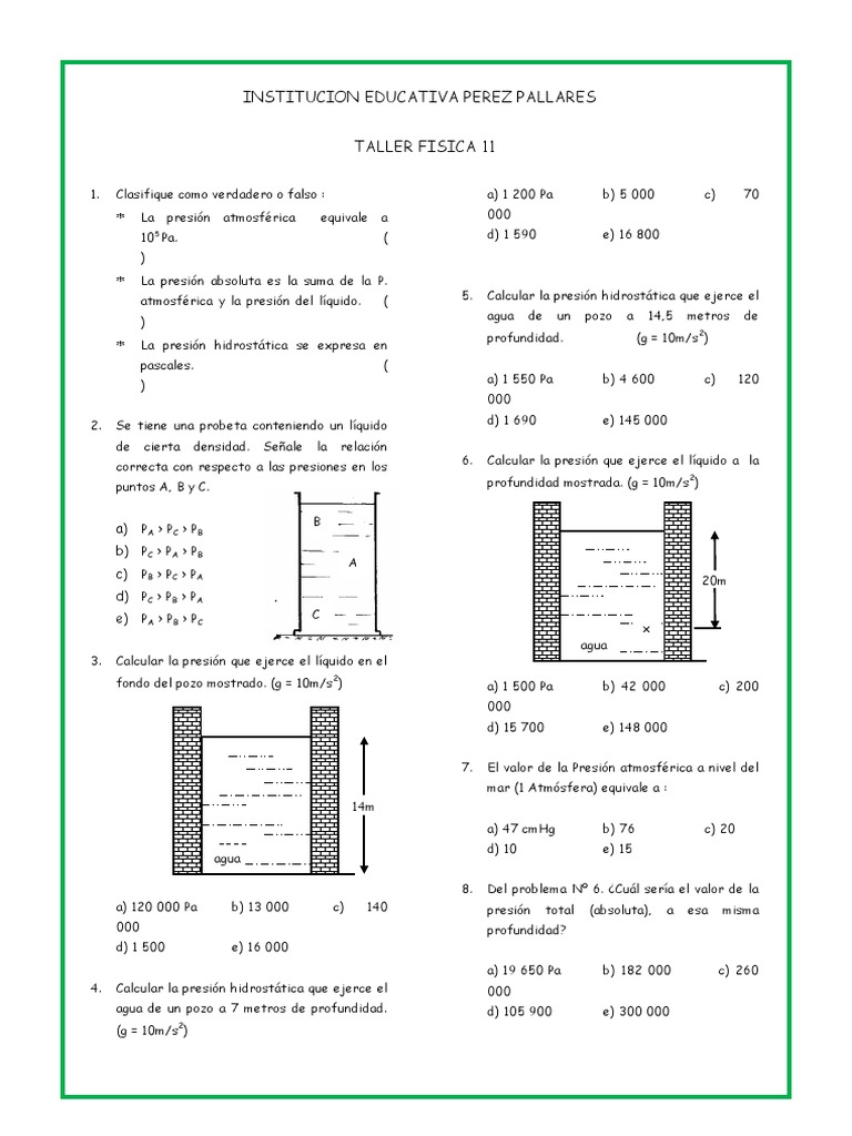 Taller Presion Hidrostatica Pdf Presión Pascal Unidad