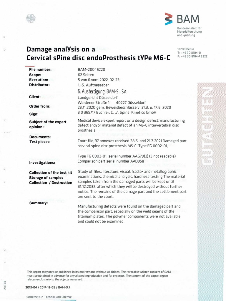 M6 Artificial Disc Failure Report (1st Part) | PDF | Fracture ...